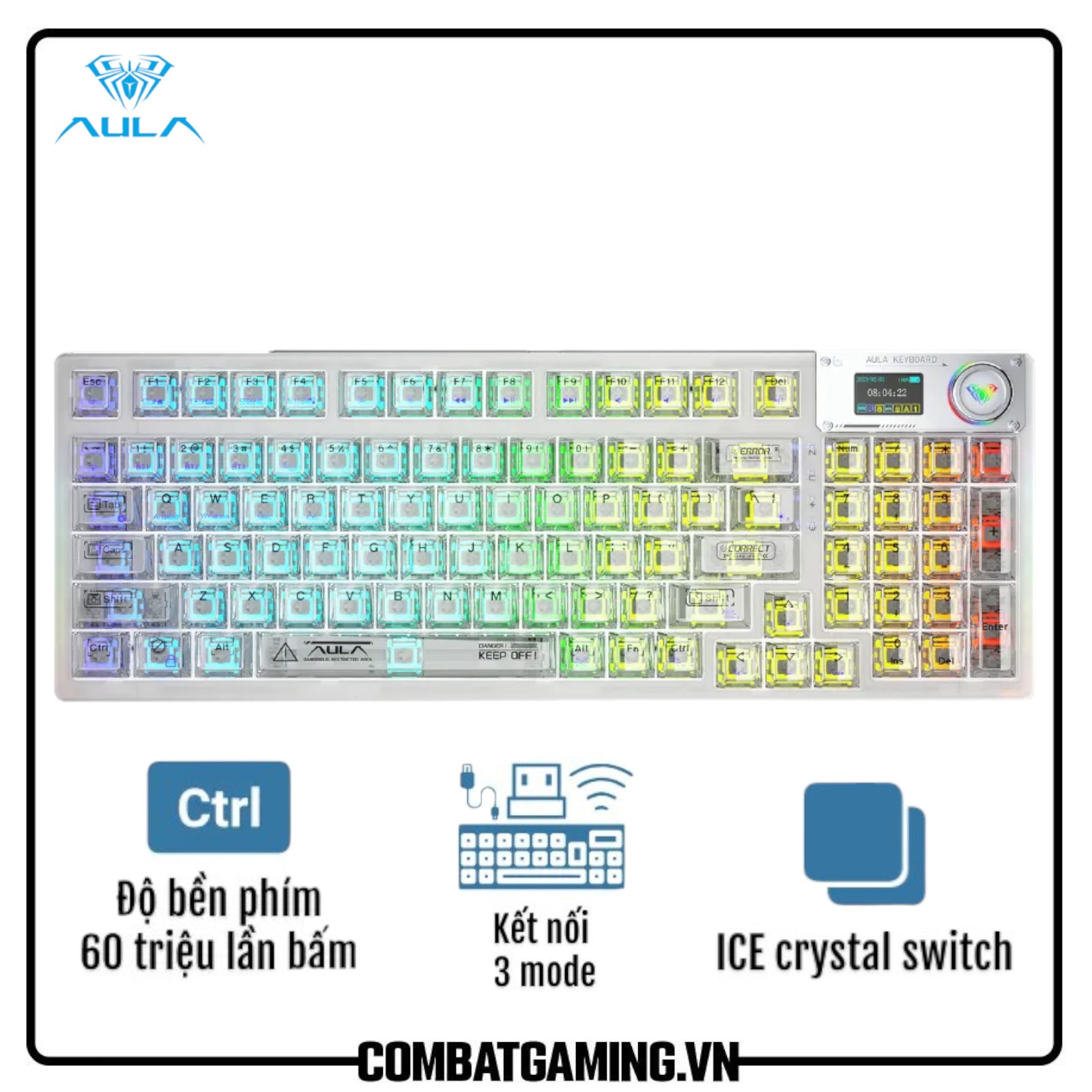 Bàn phím Cơ không dây AULA F98 Pro TriMode | Trắng trong suốt